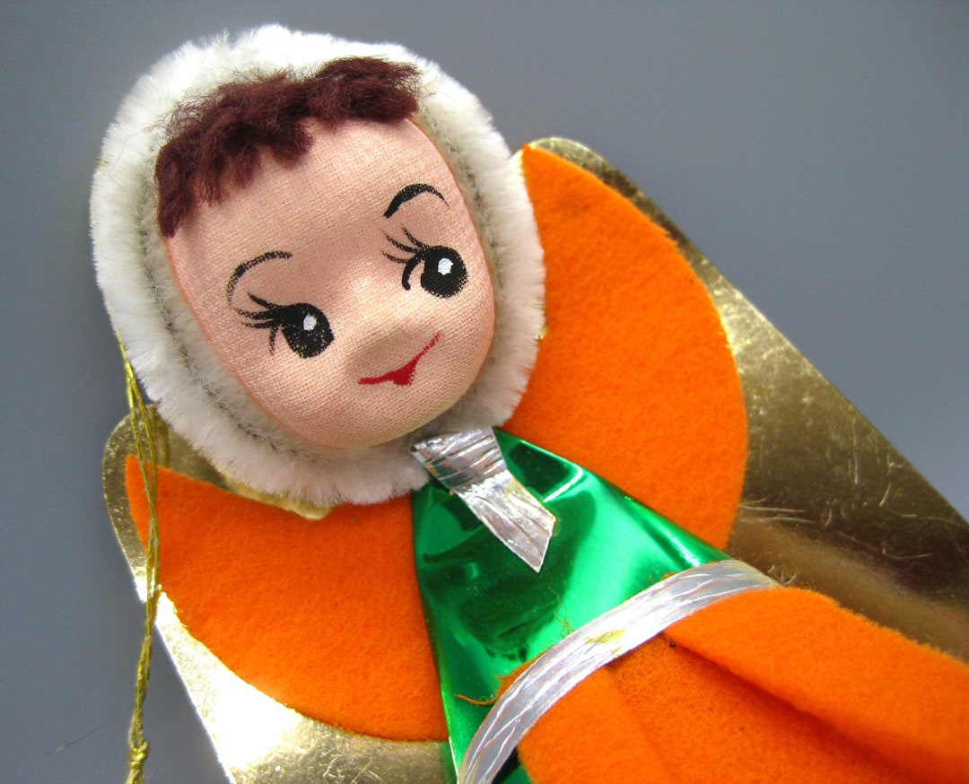 Vintage 60er Jahre Chenille Filz Engel Ornament gold orange grün Folie ...