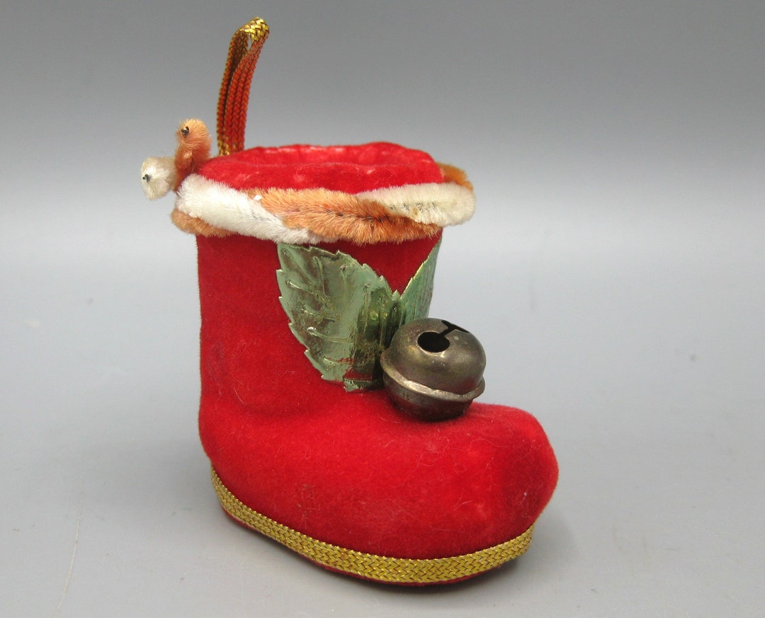 Vintage 60s Red Flocked Styrofoam Santa Boot Christmas Tree Ornament ...