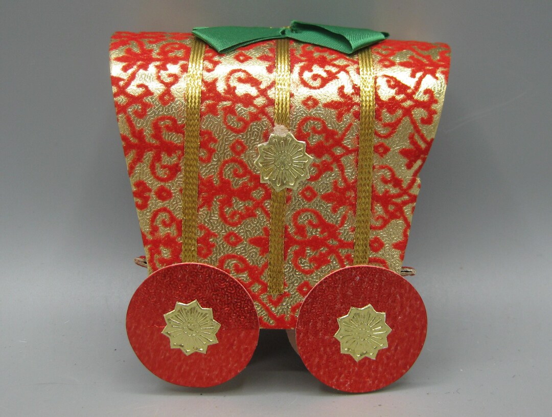 Vintage 60s Gold & Red Flocked Cardboard Foil Covered Wagon Christmas ...