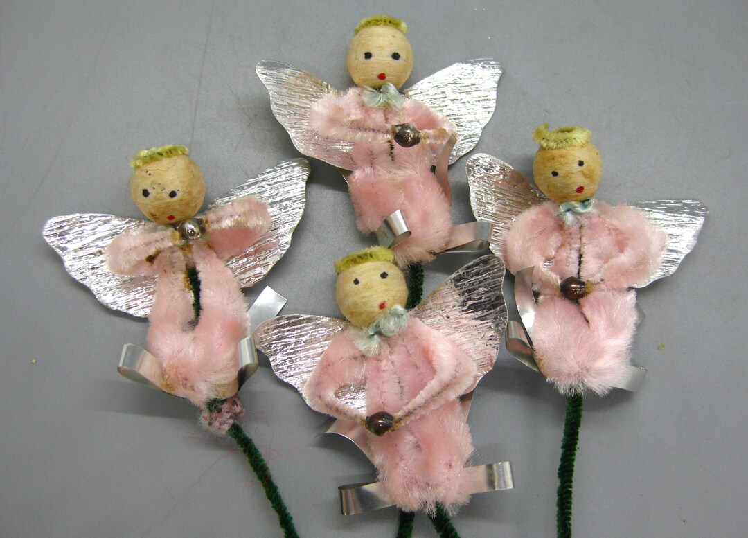 4 Chenille Pipe Cleaner Spun Cotton Foil Glitter Pink Angel Vintage ...