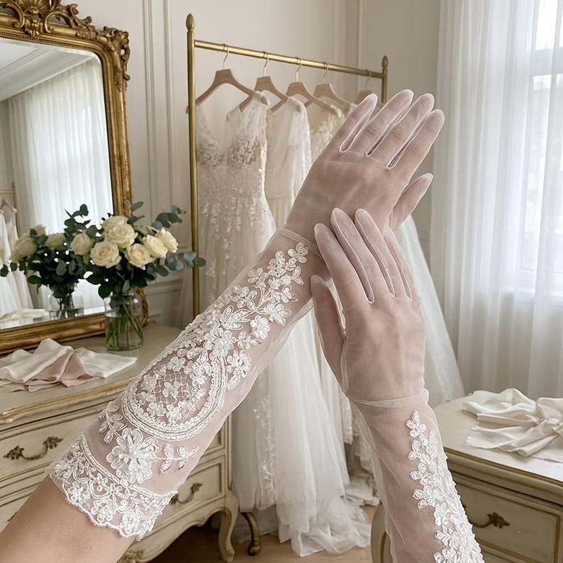 Long Tulle Wedding Gloves Lace Bridal Gloves Handcrafted Pearl Beaded ...