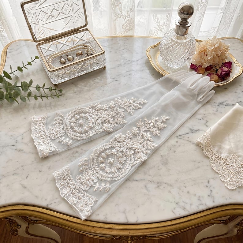 Long Tulle Wedding Gloves Lace Bridal Gloves Handcrafted Pearl Beaded ...