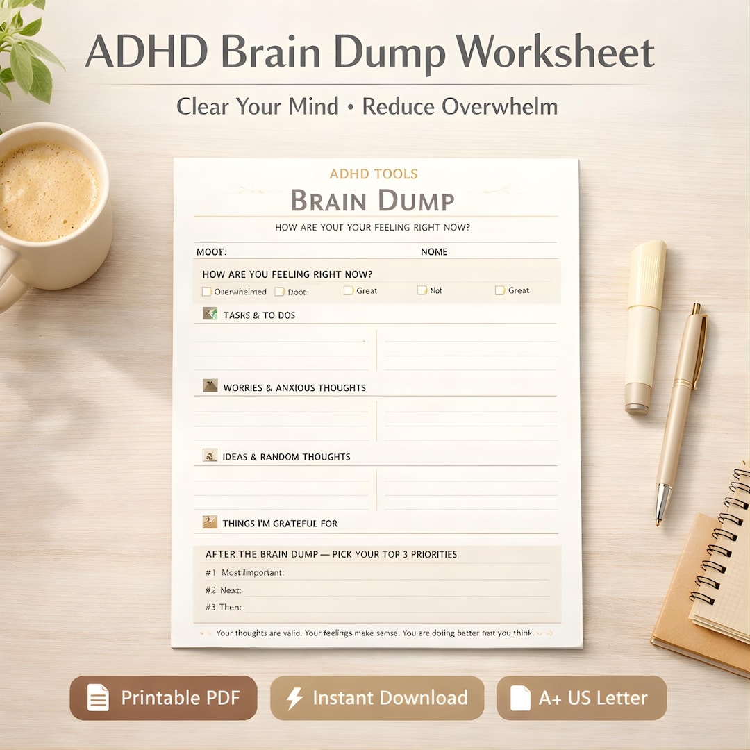 ADHD Brain Dump Worksheet Printable | Brain Dump Journal Page for ...