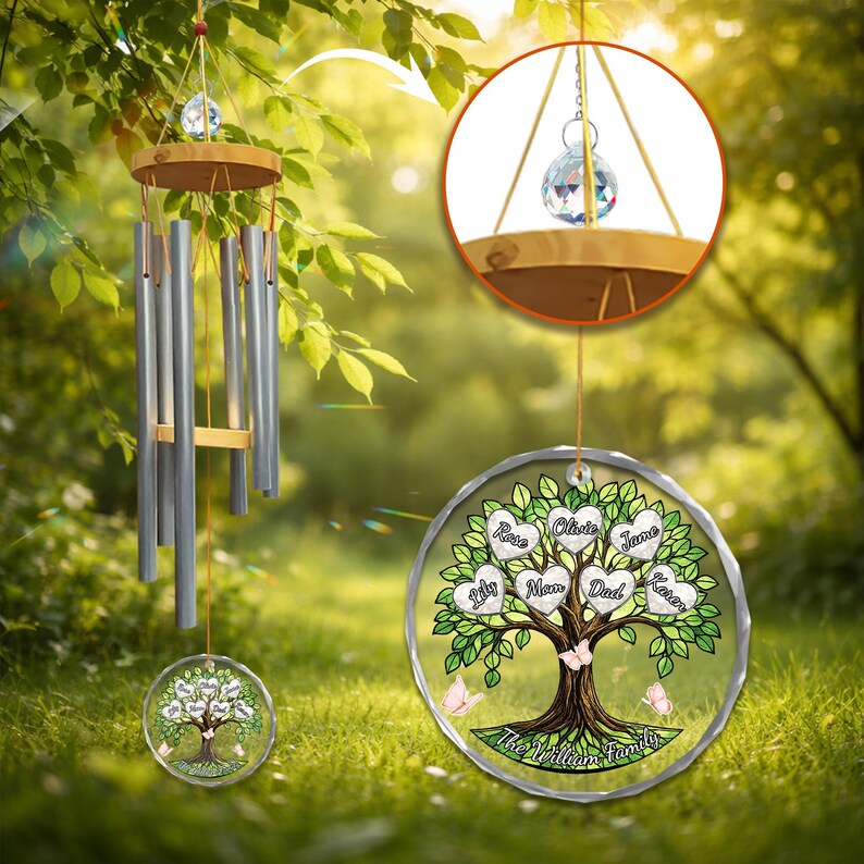 Personalized Family Tree Wind Chime, Engraved Heart Leaves, Garden ...