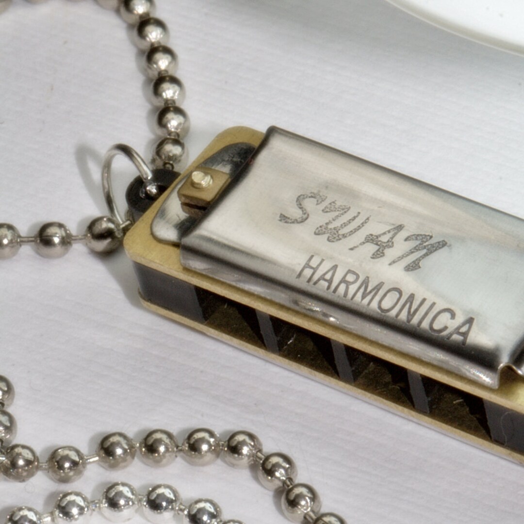 Mini Harmonica Necklace. PLAYS. Love of Music and Fun. Blues Jazz Rock N Roll, Ball Chain Silver ...