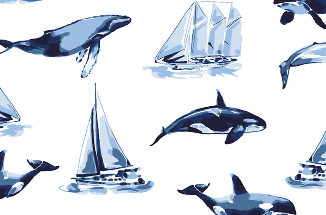 Watercolor Orca Whale Sailboat Minky Fabric Whale Watching Digital ...