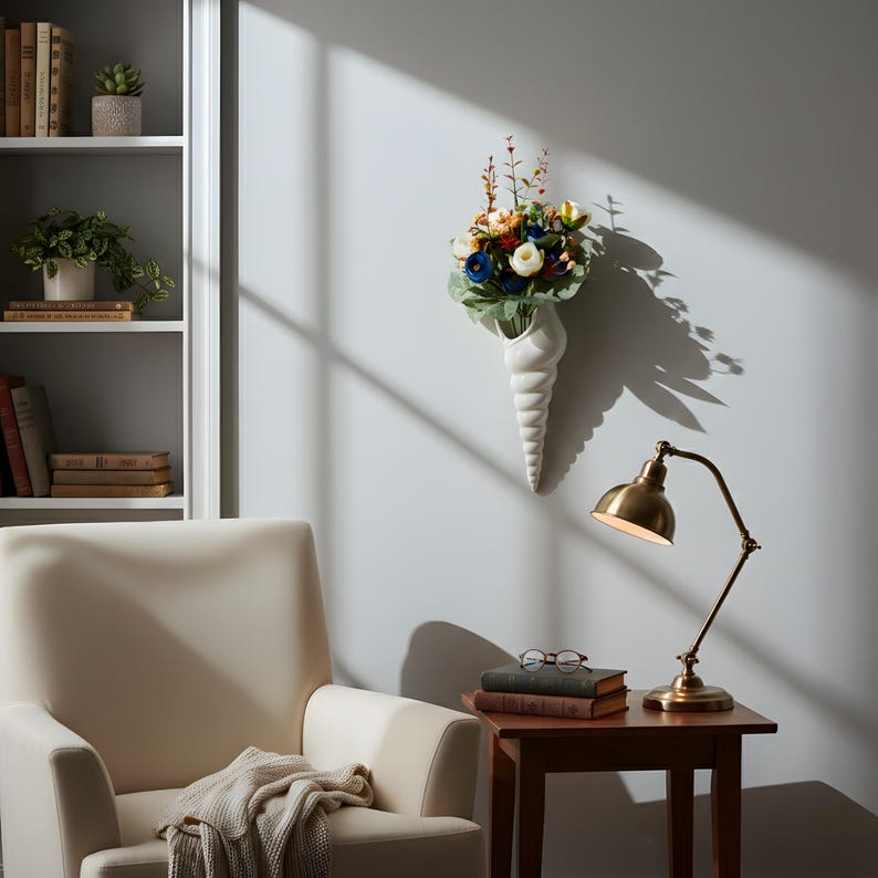 White Ceramic Shell Wall Vase | Modern Conch Flower Wall Hanging ...