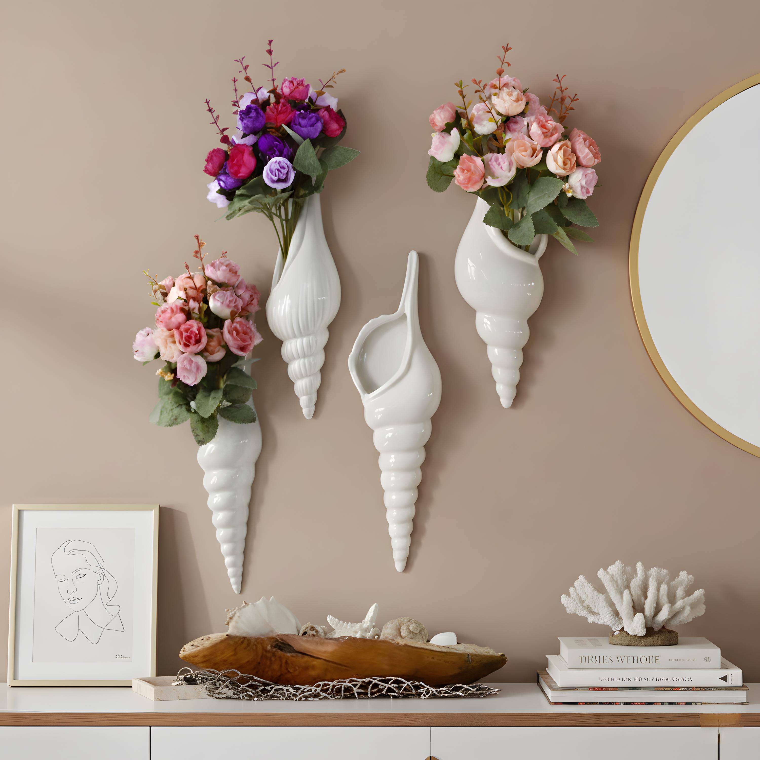 White Ceramic Shell Wall Vase | Modern Conch Flower Wall Hanging ...