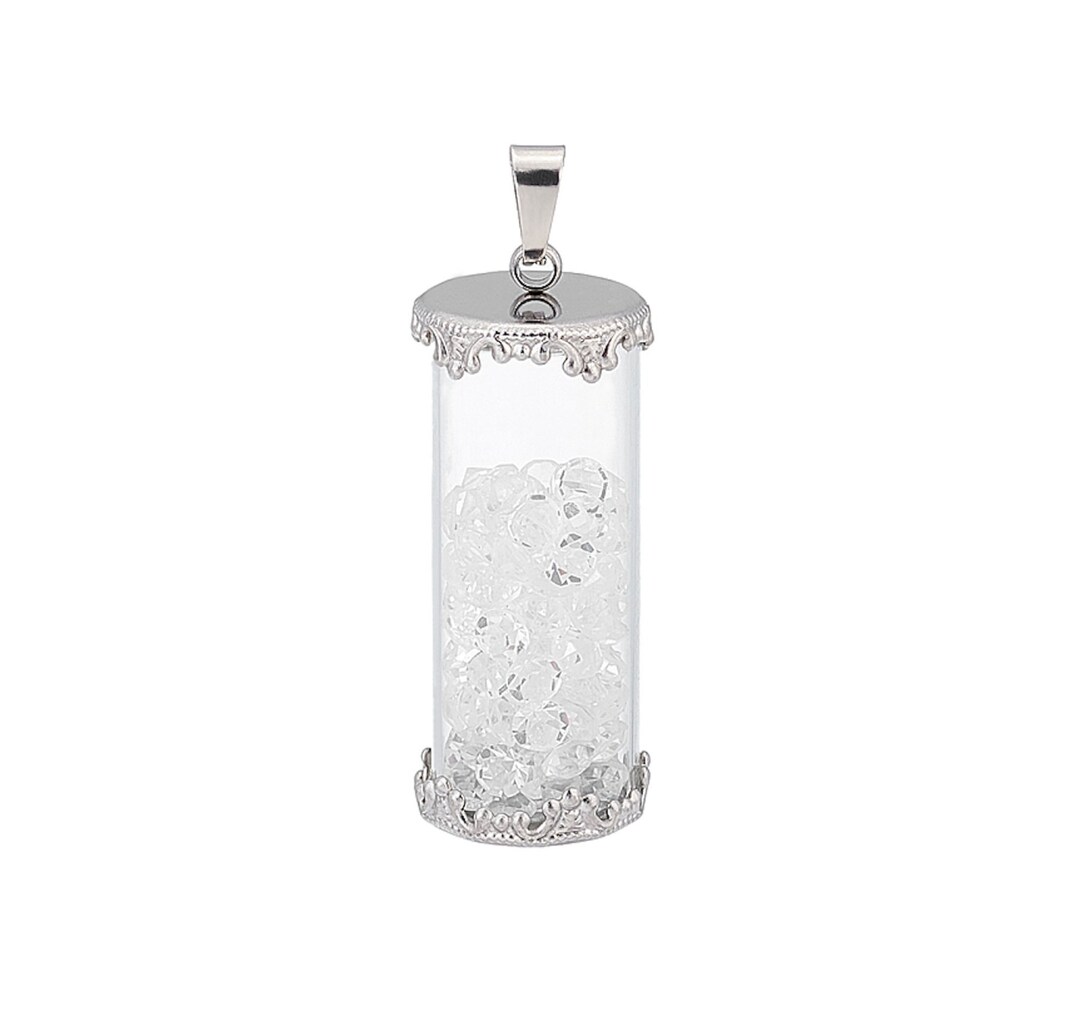 Glass Tube Pendant With Crystals Inside, 1.5 Inches Tall, Silver ...
