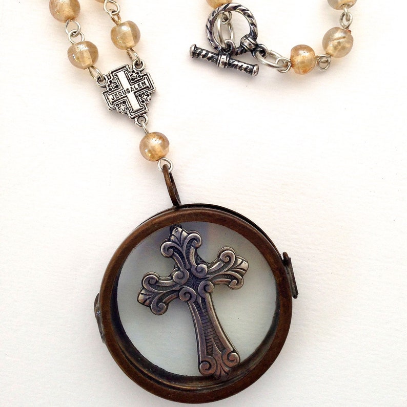 Floating Cross Rosary Shadowbox Necklace Champagne Glass - Etsy