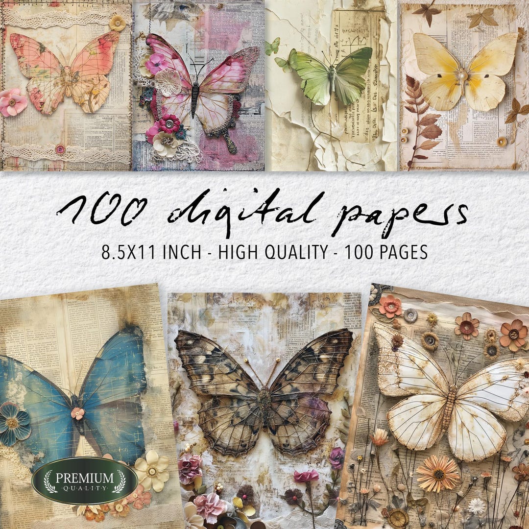 100 Vintage Butterfly Digital Paper, Antique Botanical Junk Journal ...