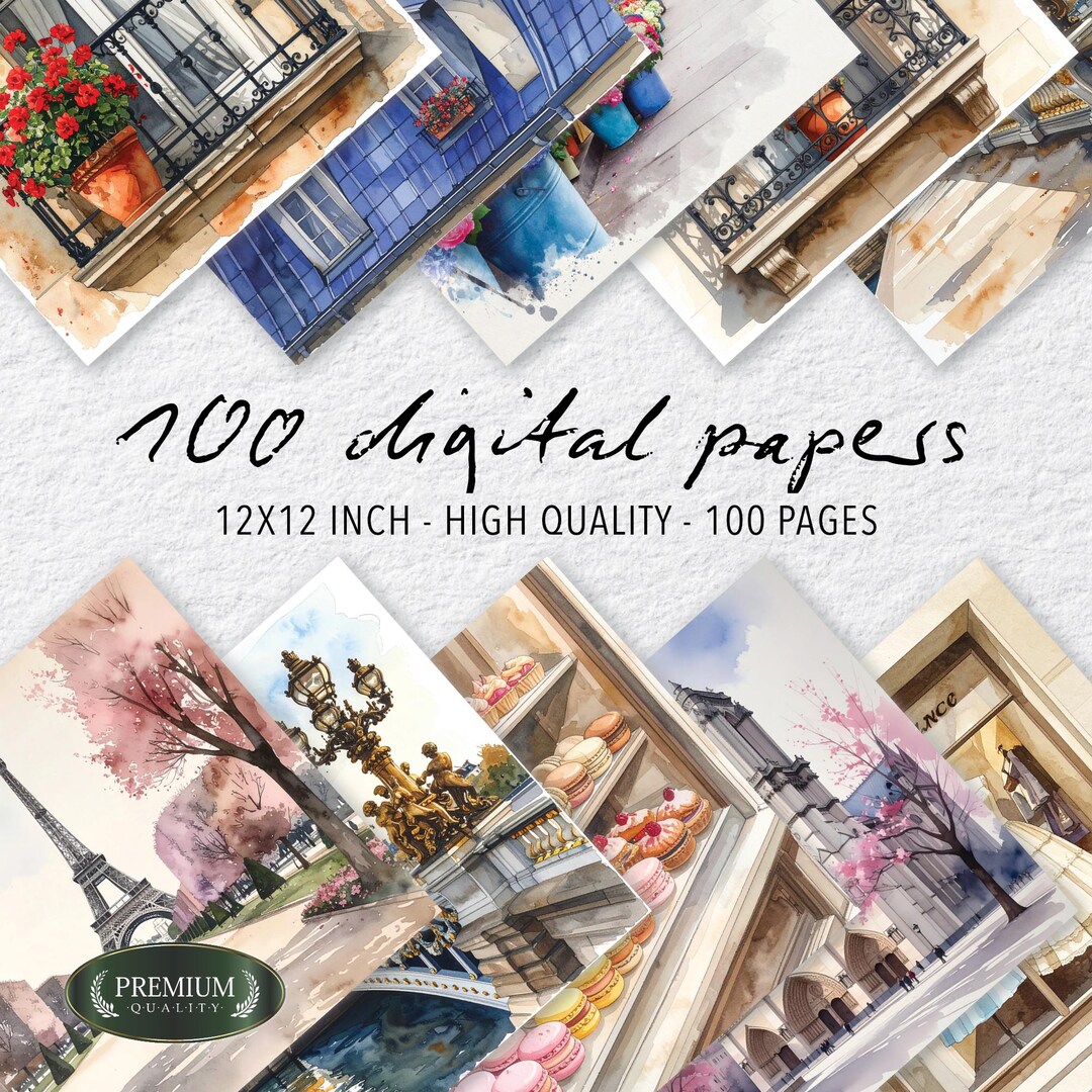 100 Paris Digital Paper, Watercolor France Junk Journal Pages, Vintage ...