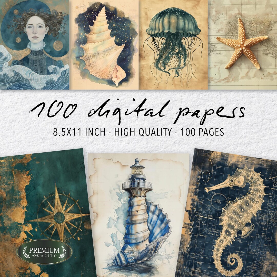 100 Vintage Ocean Digital Paper, Nautical Junk Journal Pages, Antique ...