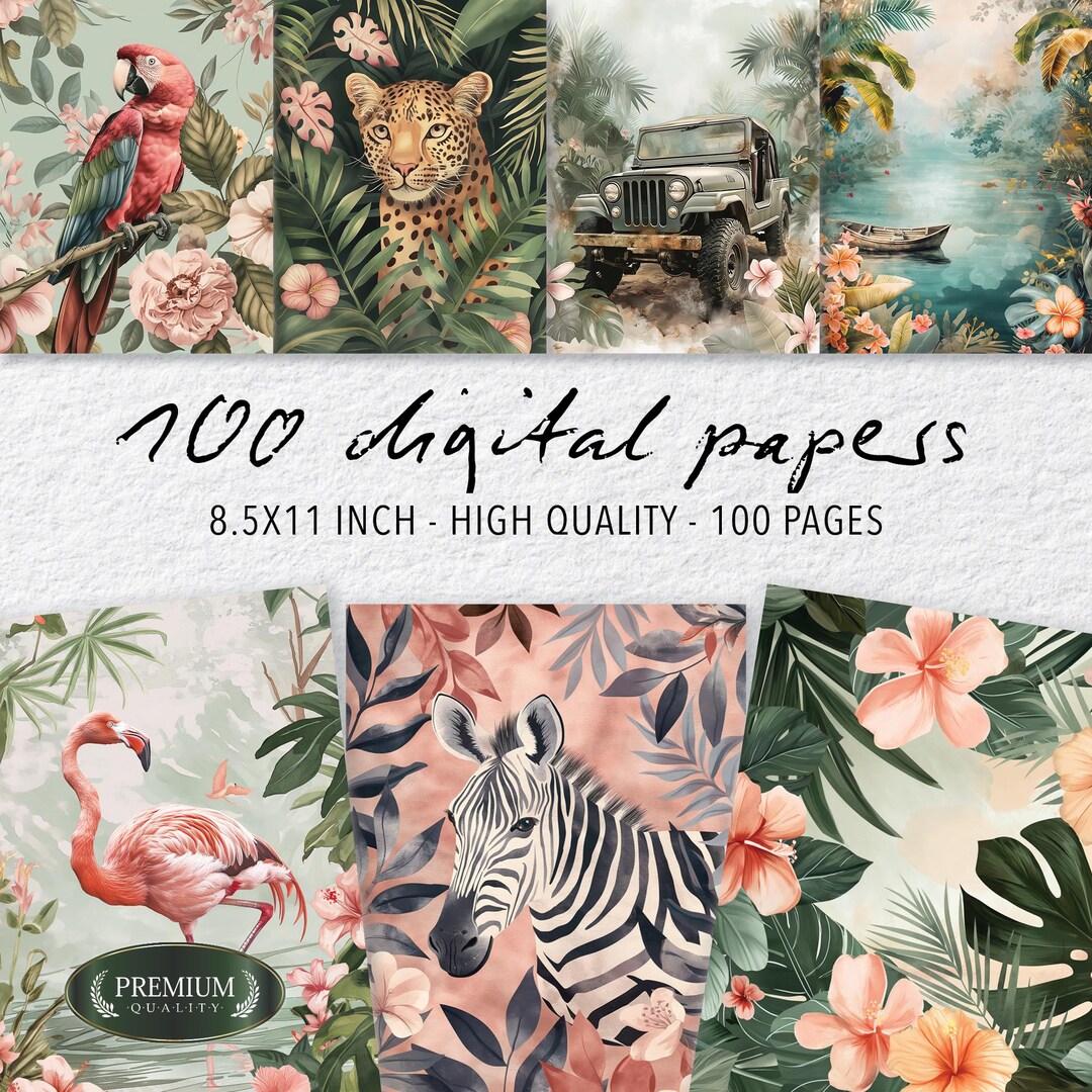 100 Tropical Safari Digital Paper, Wild Jungle Junk Journal Pages ...
