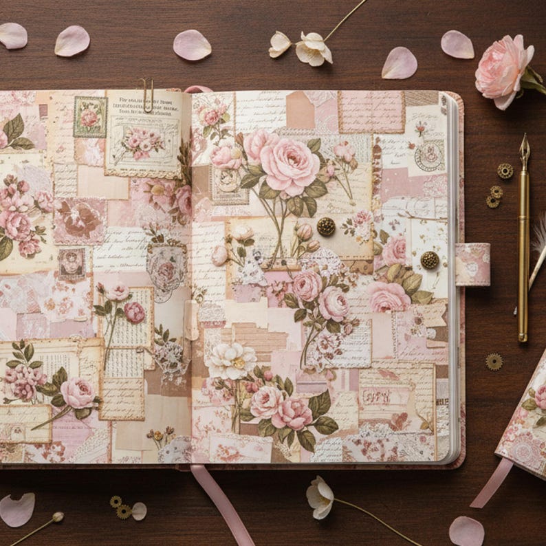 100 Dusty Rose Digital Paper, Blush Pink Junk Journal Pages, Romantic ...