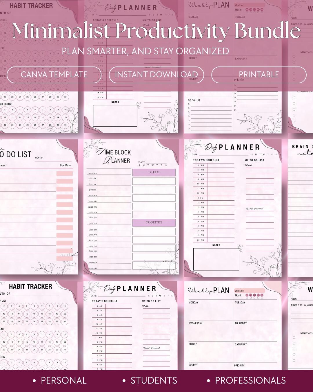 Minimalist Productivity Planner Bundle, Daily Weekly Planner, Habit ...