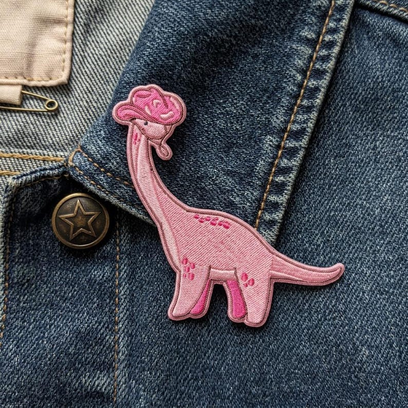 Pink Cowboy Hat Dinosaur Patch - Cute Pink Dino Embroidered Patch ...