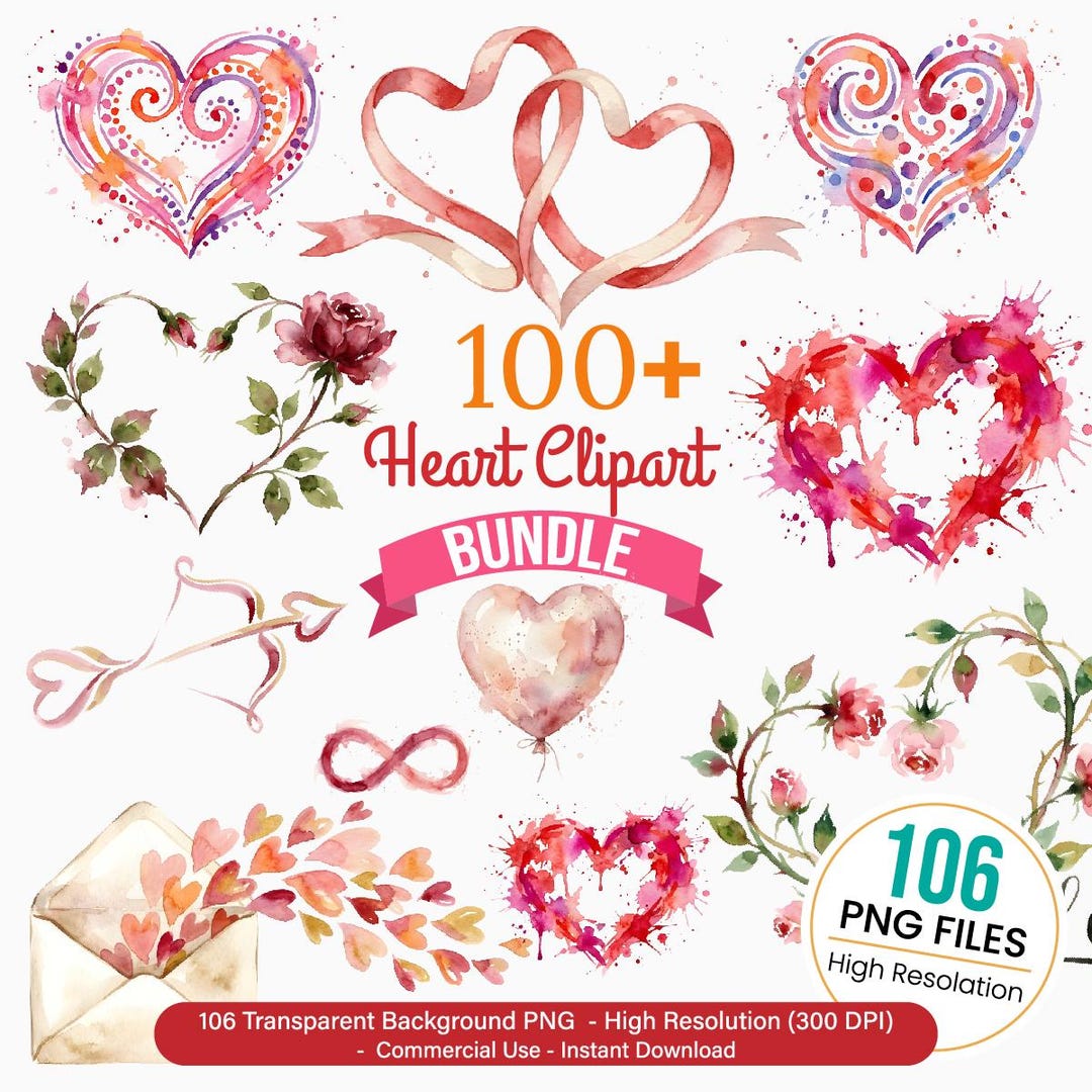 Watercolor Heart Clipart Bundle PNG, Love Heart Clipart, Romantic Heart ...