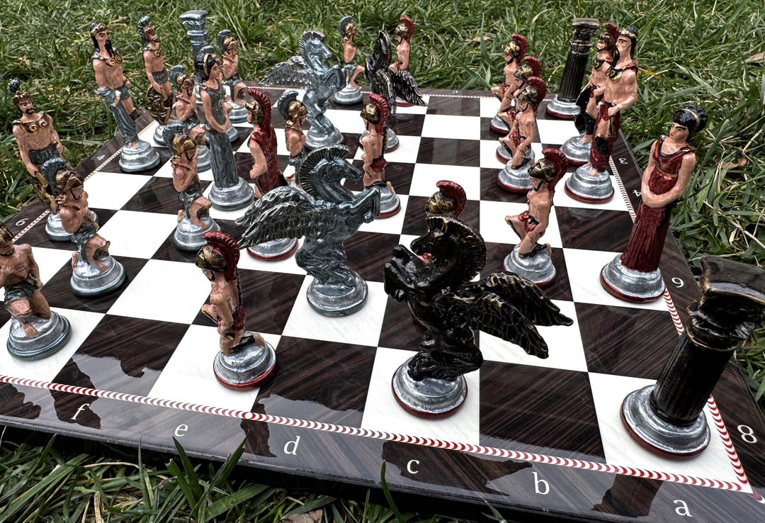 Hand-painted Greek Mythology Chess Set | Zamak Metal Pieces, Wooden ...