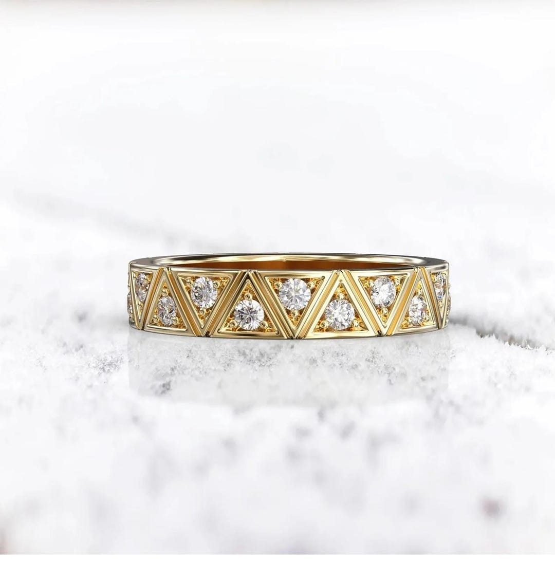 Art Deco Triangle Eternity Band 14k Gold Geometric Diamond Wedding Ring ...