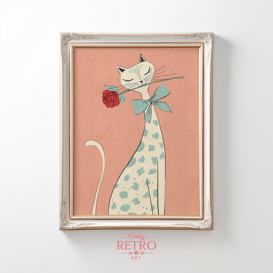 Retro Cat Print, Retro Valentine Poster, Vintage Coquette Wall Art ...