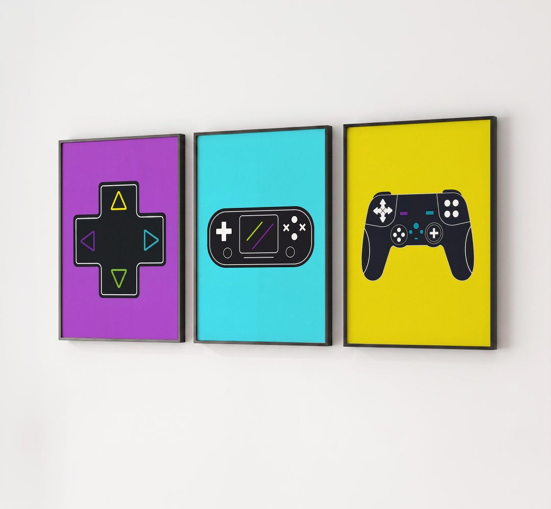 Retro Gaming Print Set, Neon Controllers, Boys Room Decor (digital ...