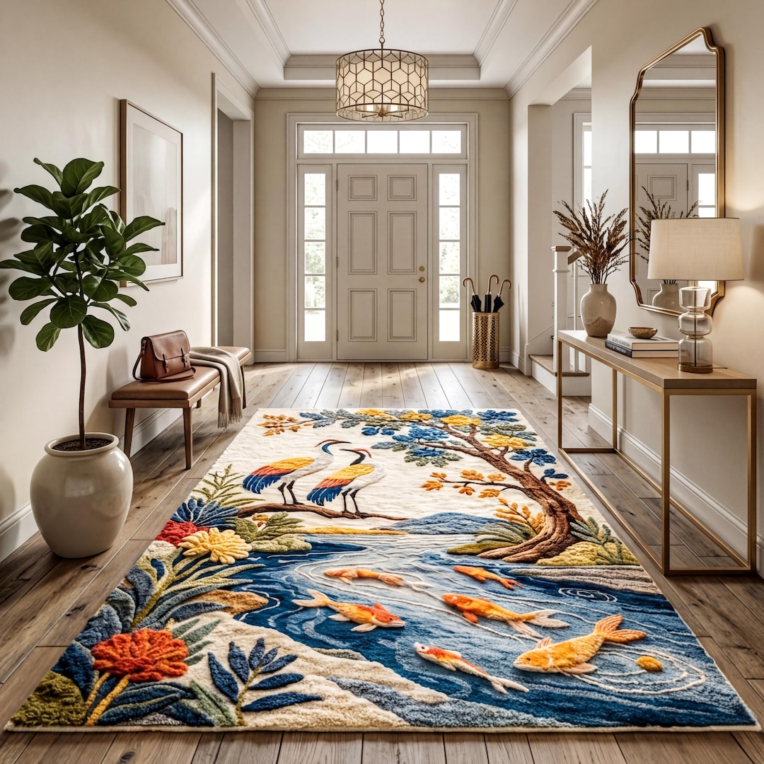 Hand Tufted Wool Rug, Crane Bird Tree River Design Koi Fish Nature Area ...