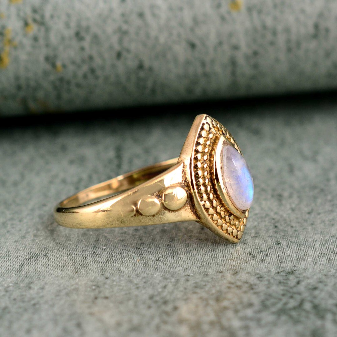 Handcrafted Brass Teardrop Ring With Rainbow Moonstone Inlay - Etsy