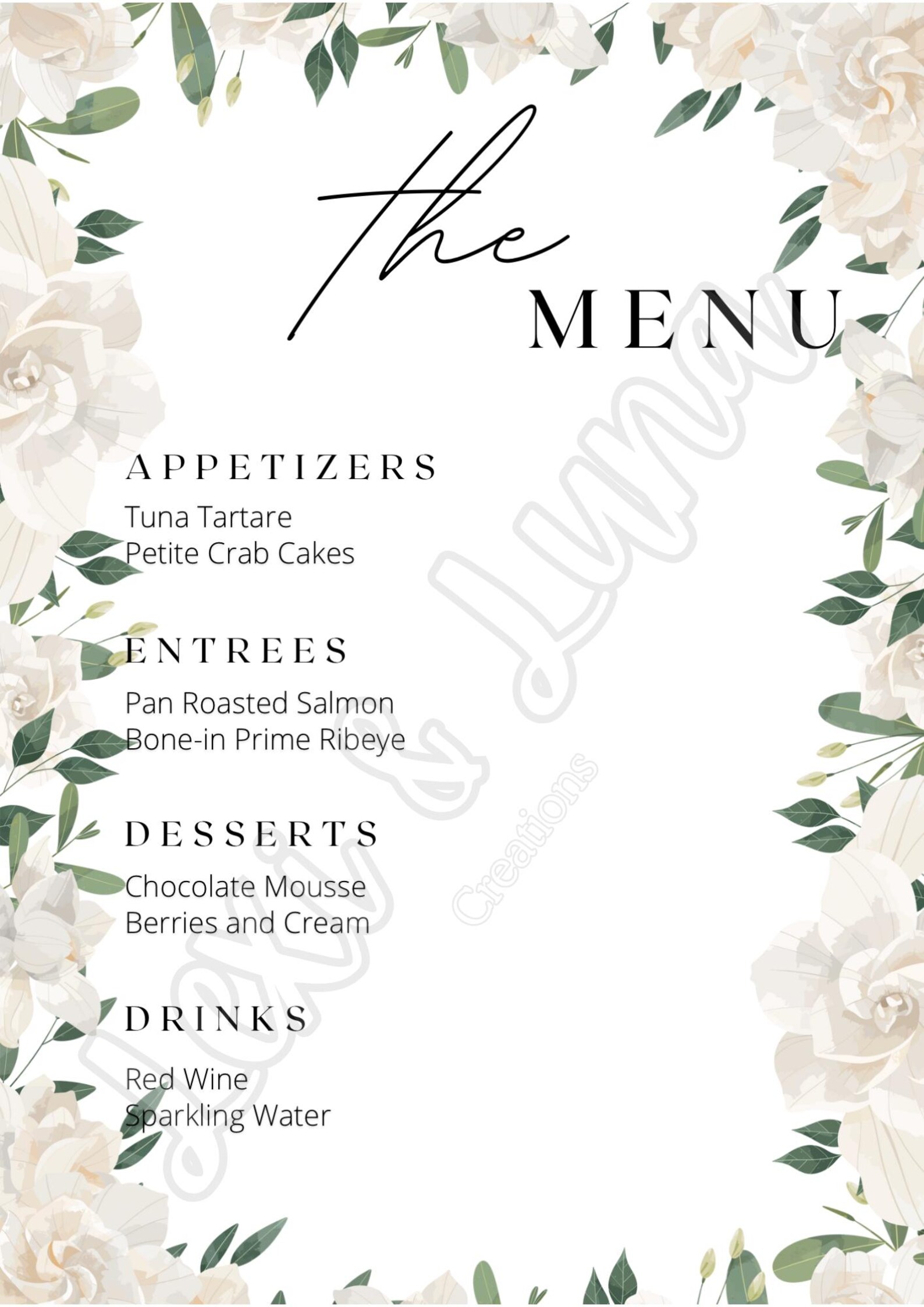 White Rose Wedding Menu Template, Elegant Floral Design (canva Editable ...