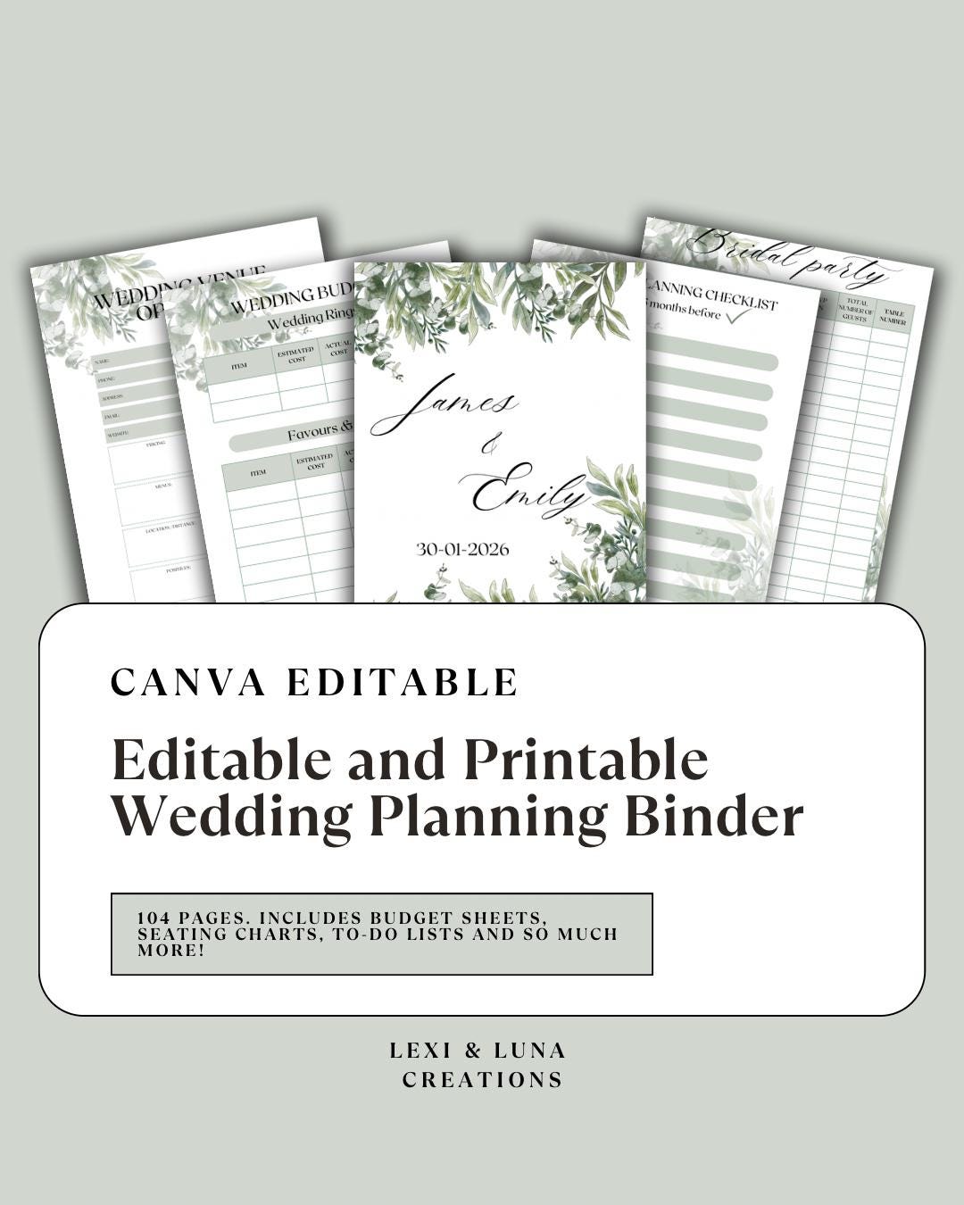 Greenery Wedding Planner, 104 Pages, Canva Editable (printable PDF) - Etsy