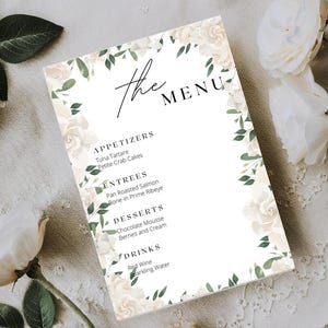 White Rose Wedding Menu Template, Elegant Floral Design (canva Editable ...