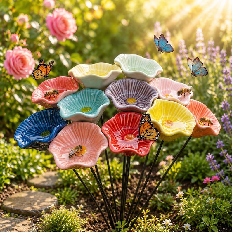 Handcraft Butterfly Bee Water Station Ceramic Poppy Flowers Pollinator ...