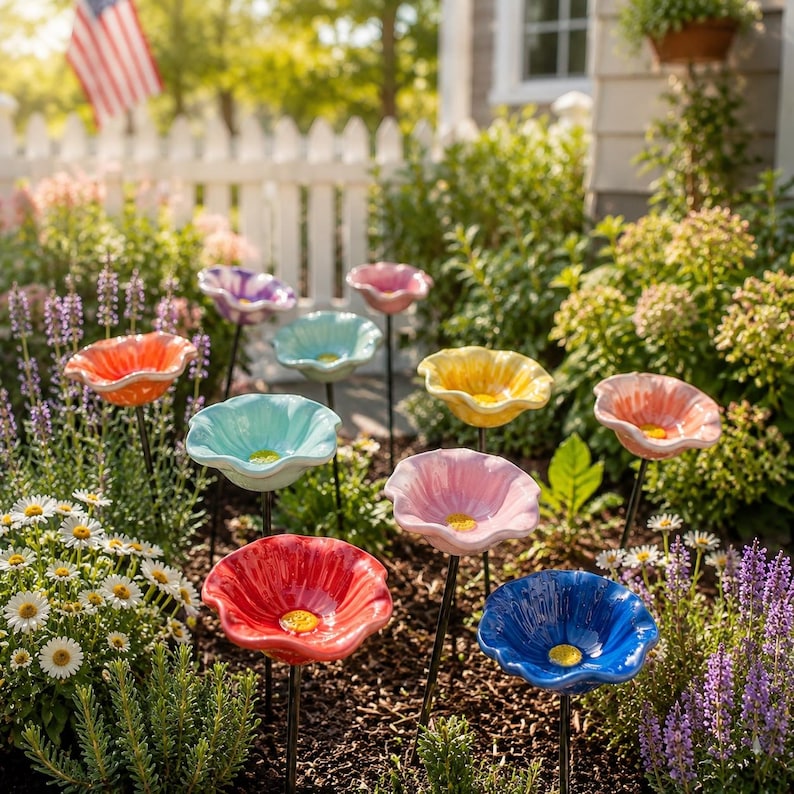 Handcraft Butterfly Bee Water Station Ceramic Poppy Flowers Pollinator ...