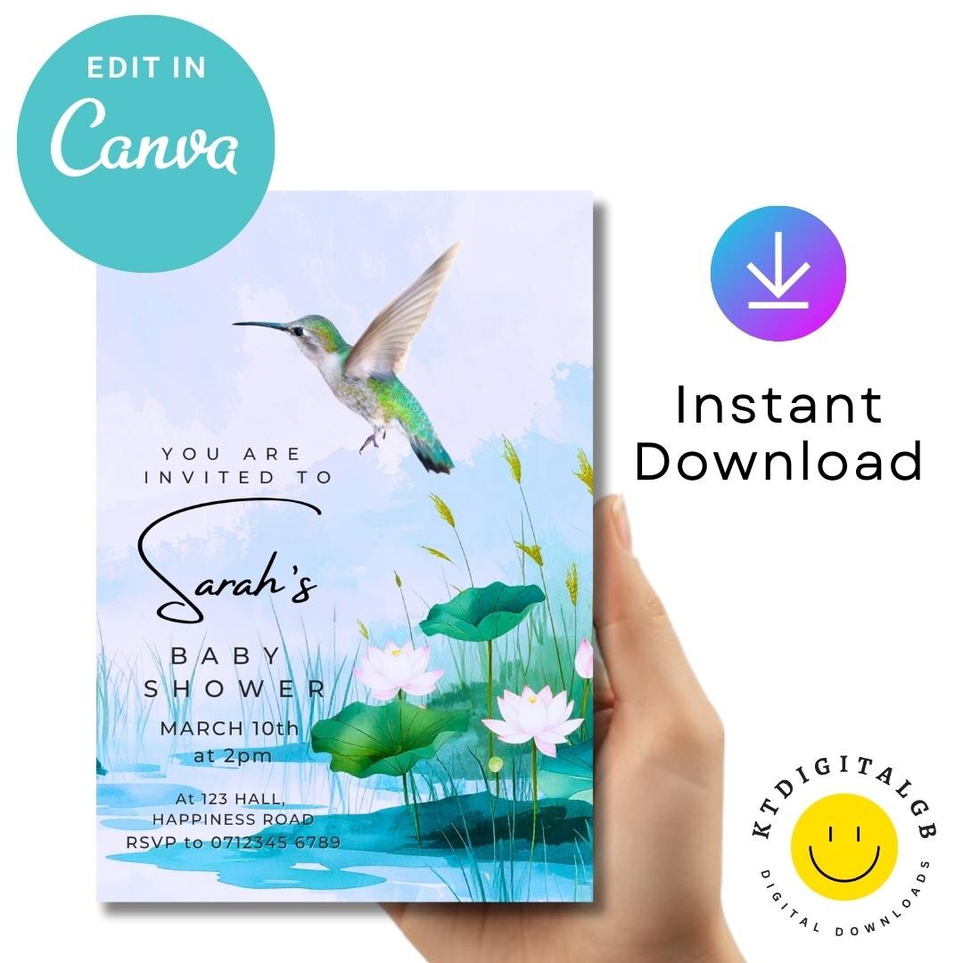 Hummingbird Baby Shower Invitation Template, Editable Canva Design ...