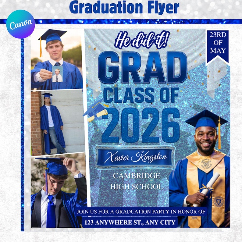 Graduation Flyer 2026 Blue Graduation Invitation Canva Template High ...