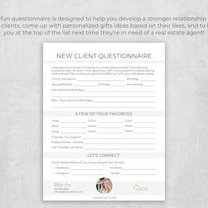 Getting to Know You, Real Estate Seller About You Questionnaire, Client Favorite Things List ...