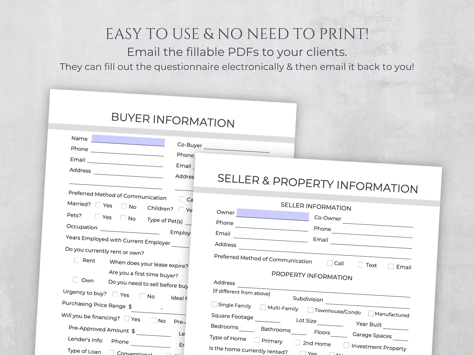 Buyer & Seller Questionnaire Templates, Real Estate Home Buyer and ...