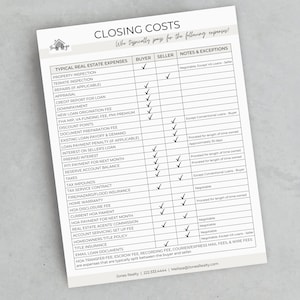 Closing Costs Chart for Buyers & Sellers, Real Estate Closing Checklist ...