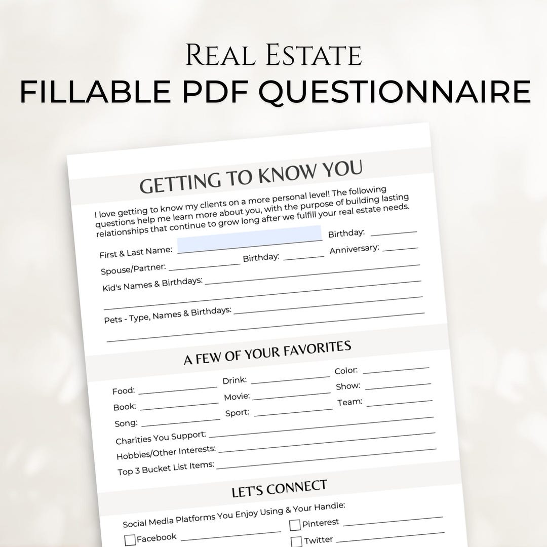 Real Estate Client Questionnaire: Fillable PDF Template - Etsy