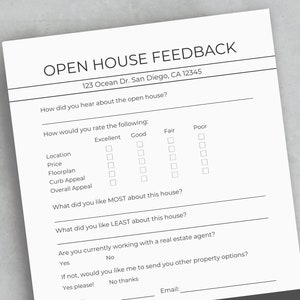 Open House Feedback Form, Real Estate House Showings Feedback Forms ...