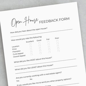 Feedback Form Open House, Real Estate Open House Feedback Sheet, House ...