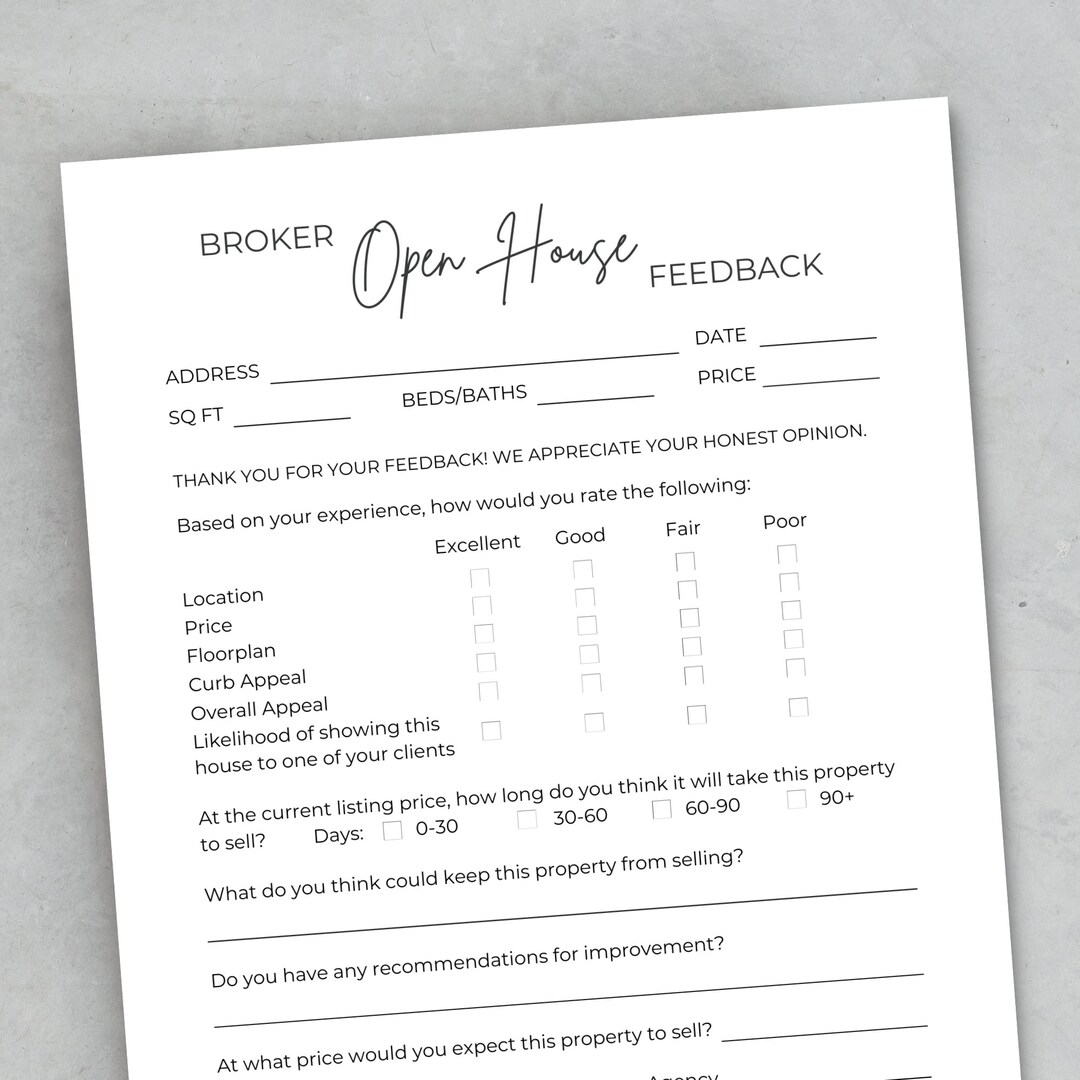 Brokers Open House Feedback Form, Agent Open House Sheet, Brokers Open ...