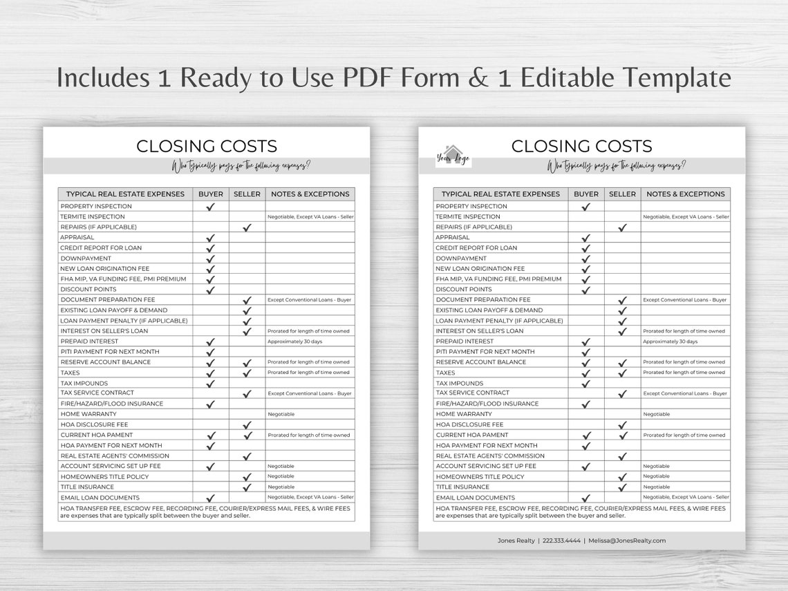 Real Estate Closing Checklist: Closing Costs Chart for Buyers - Etsy