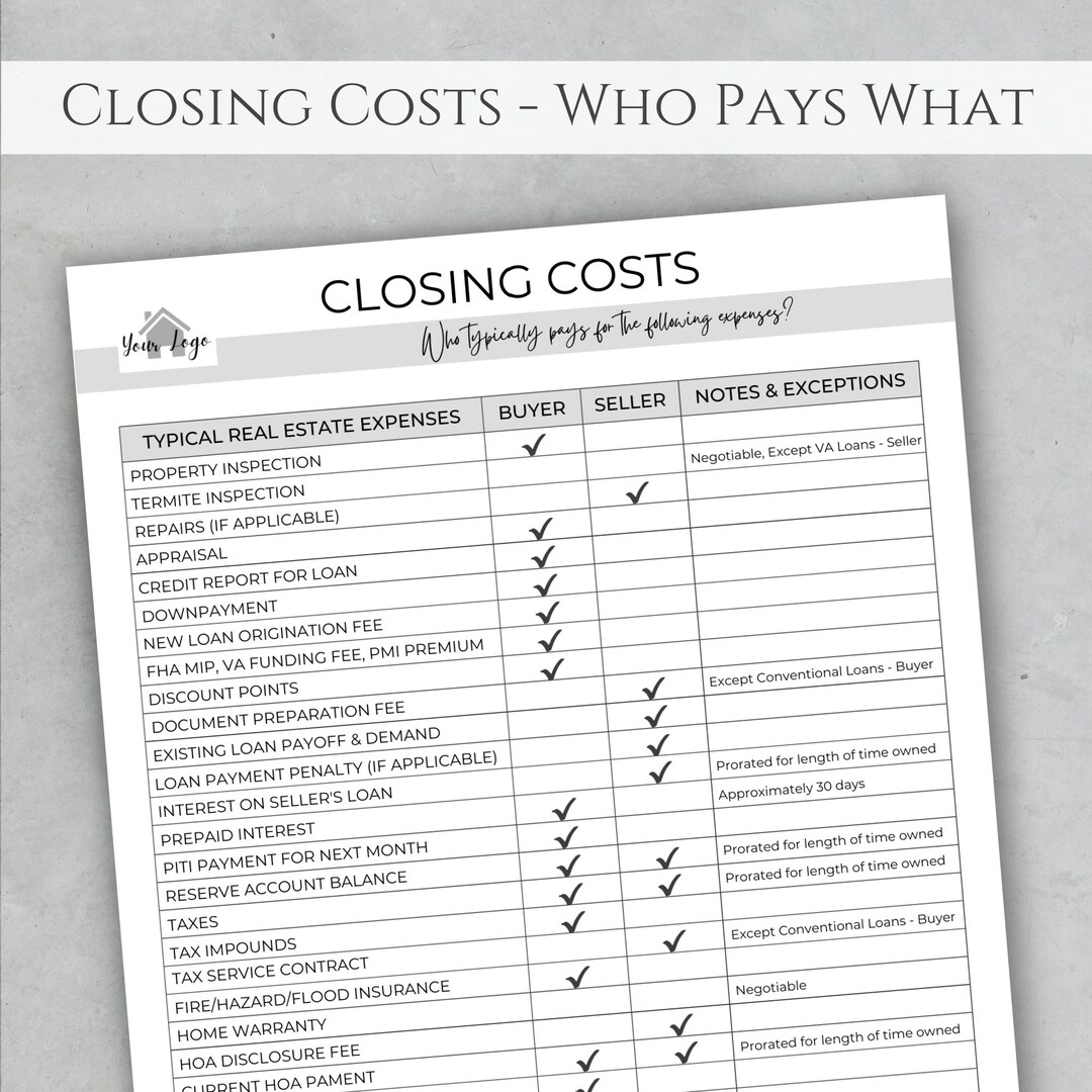 Real Estate Closing Checklist: Closing Costs Chart for Buyers & Sellers ...