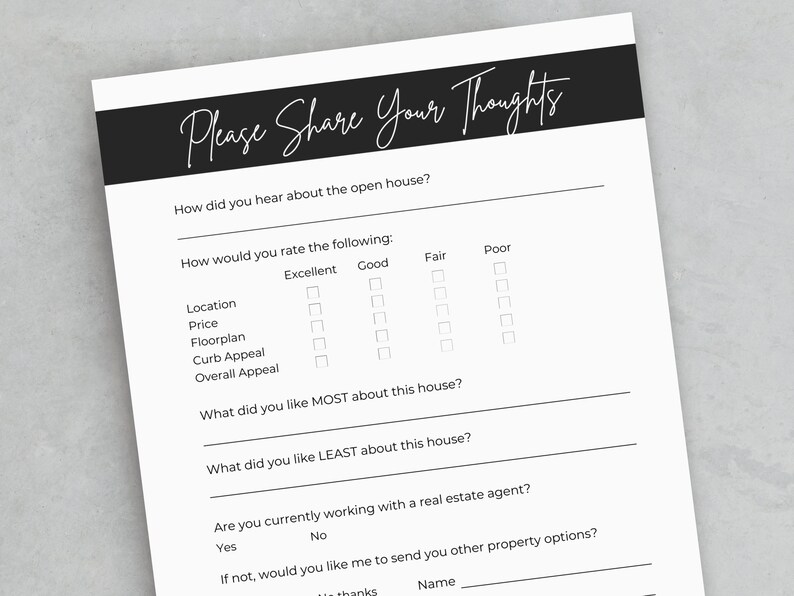 Real Estate Feedback Form Open House Feedback Sheet Realtor - Etsy