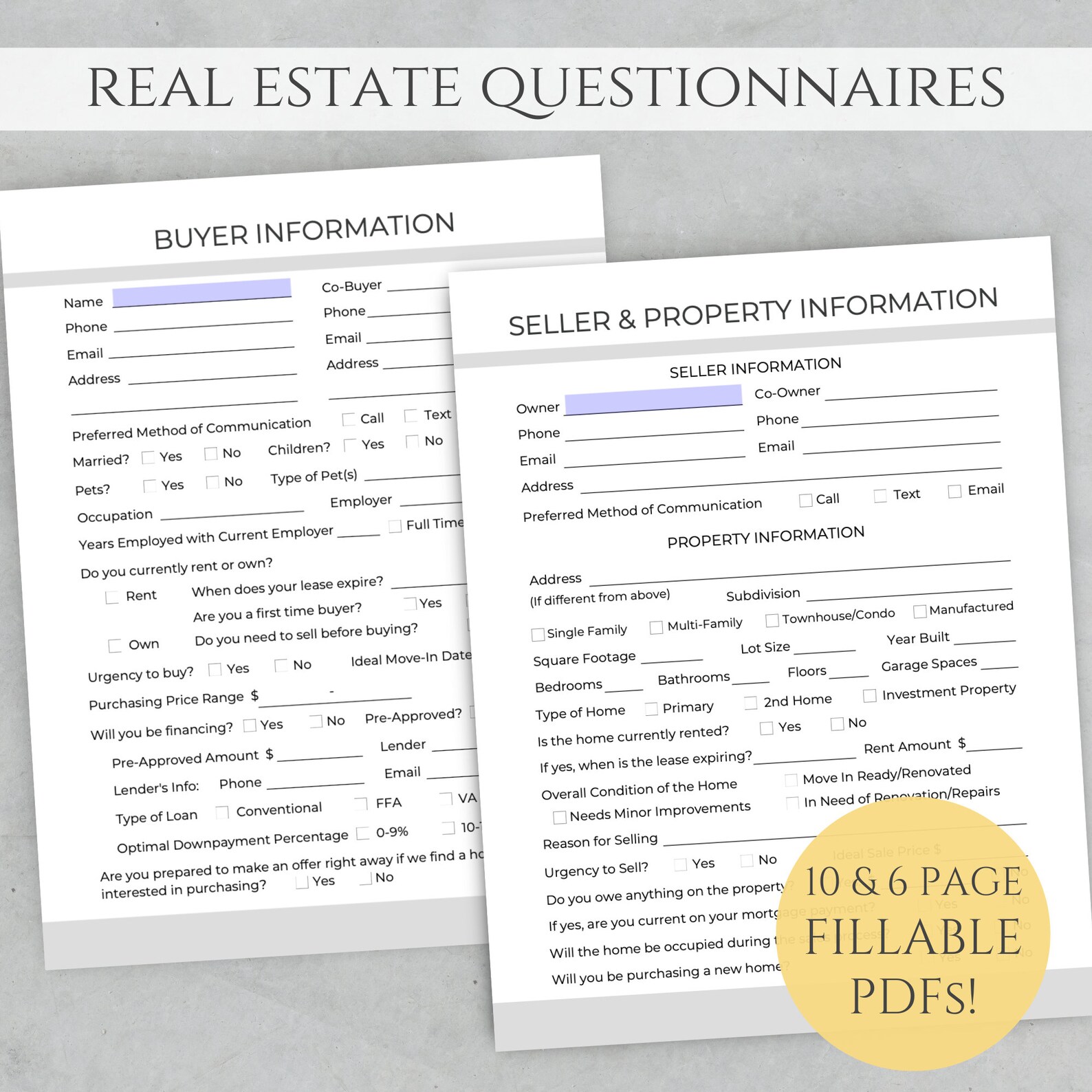 Buyer & Seller Questionnaire Templates, Real Estate Home Buyer and ...