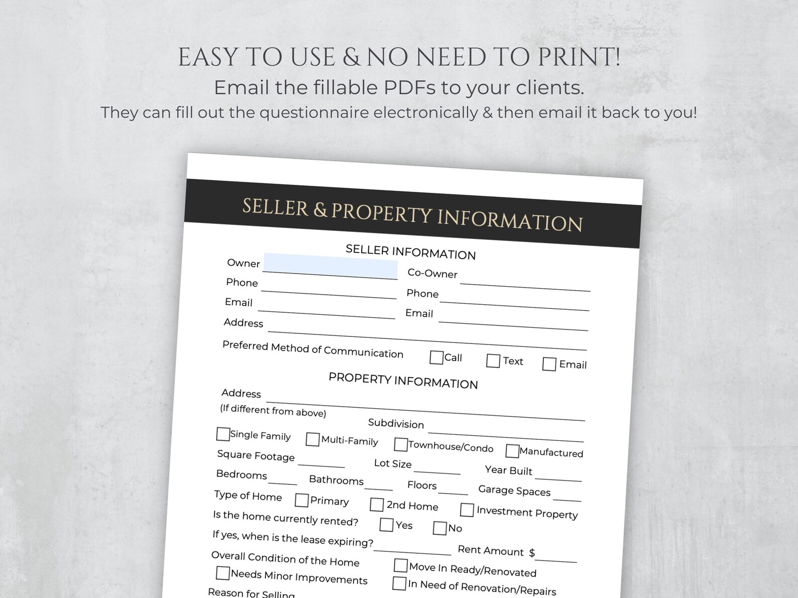 Real Estate Seller Information Sheet, Listing Packet, Seller’s Property ...
