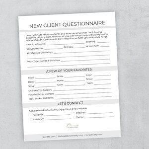 Getting to Know You, Real Estate Seller About You Questionnaire, Client ...