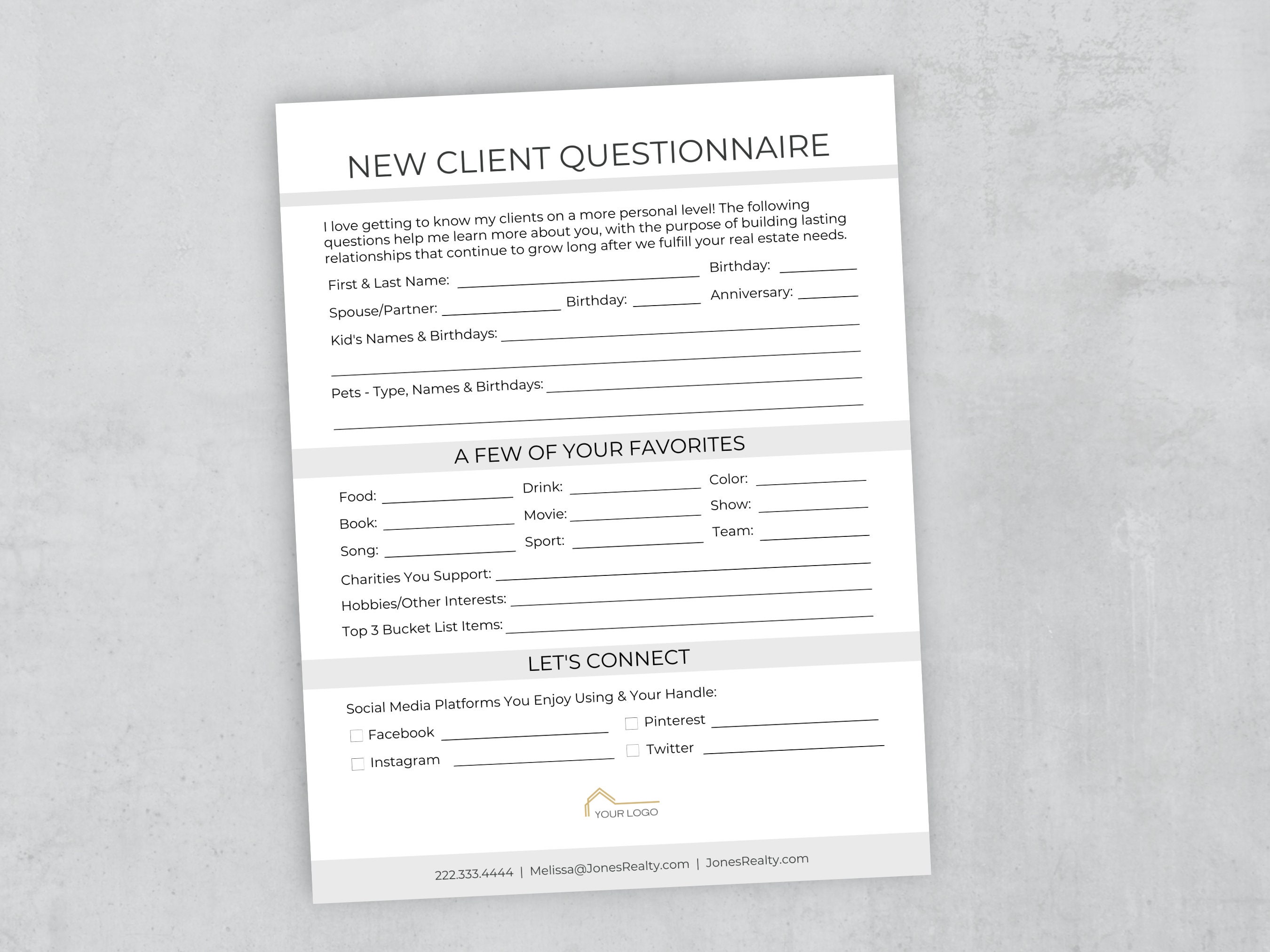 Getting to Know You, Real Estate Seller About You Questionnaire, Client ...