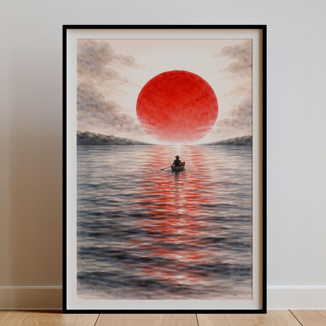 Red Sun Boat Zen Watercolor Print Japanese Japandi Minimal Wall Art ...
